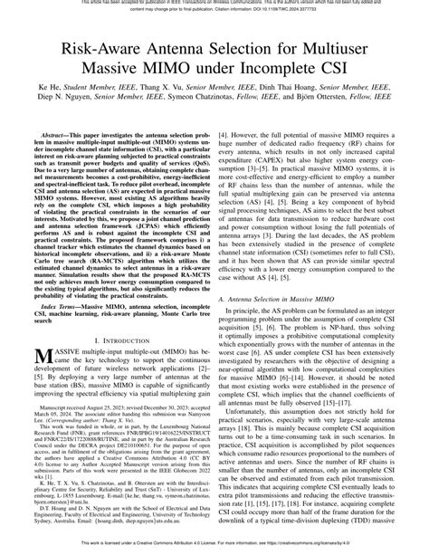 pdf risk aware antenna selection for multiuser massive mimo under