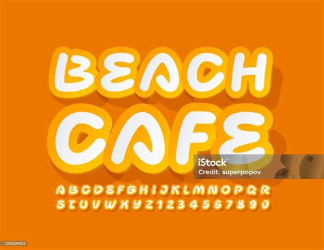 자필 스티커 글꼴 벡터 밝은 기호 비치 카페 노란색 및 흰색 알파벳 세트 게에 대한 스톡 벡터 아트 및 기타 이미지 게 공휴일 관광 Istock