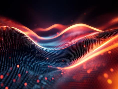 Abstract Glowing Orange Wave With Red Particles And Bokeh On Dark Blue Background Premium Ai