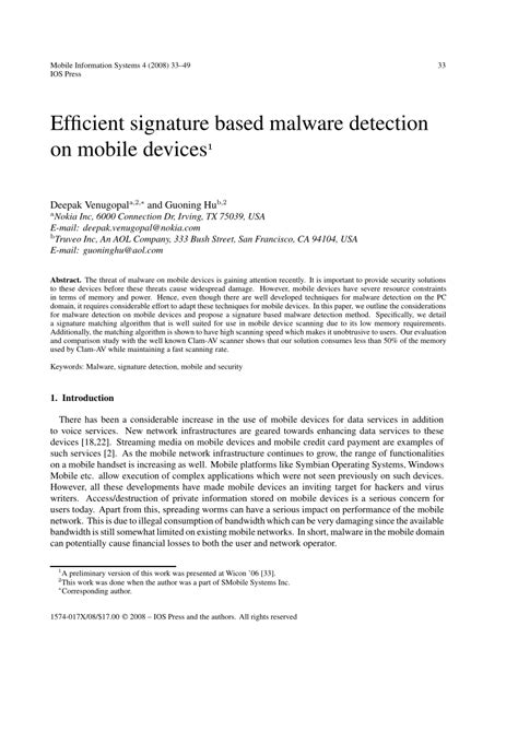 Pdf Efficient Signature Based Malware Detection On Mobile Devices