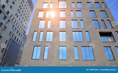 Perspective View Of Geometric Angular Concrete Windows On The Facade Of A Modernist Brutalist