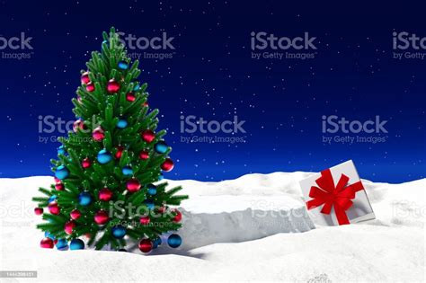 Abstact 3d 렌더링 크리스마스 겨울 장면 및 자연 연단 배경 얼음 눈 바위 연단 및 제품 디스플레이 광고 등을 위한 선물 상자가 있는 소나무 0명에 대한 스톡 사진