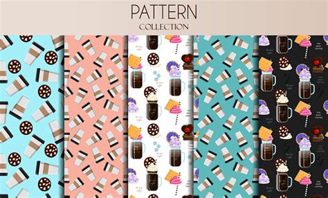 테이크아웃 커피 컵과 유리 라떼 머그잔이 돋보이며 매끄러운 패턴으로 완성되었습니다 토핑 쿠키 휘핑 크림 크림 마시멜로 도넛 초콜릿 와플 시럽과 함께 다양한 종류의 커피를