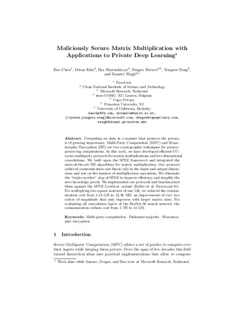 Pdf Maliciously Secure Matrix Multiplication With Applications To
