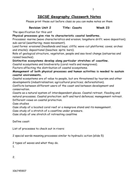 Igcse Geography Coasts Classwork Notes