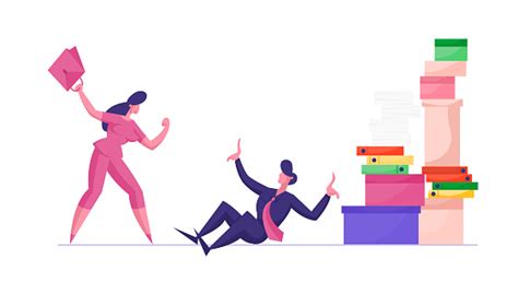 사무실 싸움 비즈니스 우먼 보스 문서 폴더의 거대한 더미와 바닥에 앉아 과로 사무실 직원에 소리 회사 리더 서둘러 노동자 와 작업 만화 플랫 벡터 일러스트 경영자에 대한