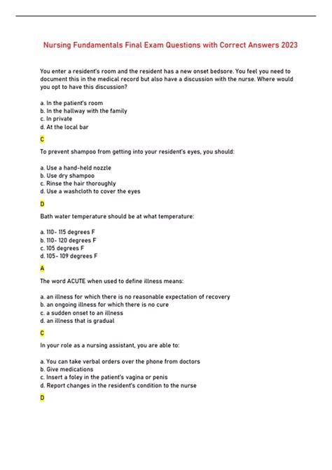 Nursing Fundamentals Final Exam Questions With Correct Answers 2023