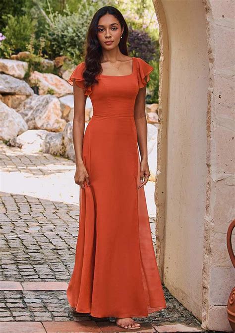 A Line Square Neckline Flutter Sleeve Chiffon Bridesmaid Dress With