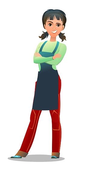 여성 장인 또는 예술가 앞치마에 소녀 작업복 마스터 쾌활한 사람 스탠딩 포즈 만화 만화 스타일의 평면 디자인 단일 문자입니다 흰색 배경에 격리된 그림입니다 벡터 개념에 대한