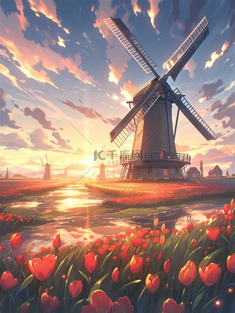 郁金香花园花海大风车15插画图片 千库网