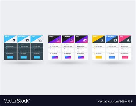 Pricing Table Color Variations Plans Royalty Free Vector