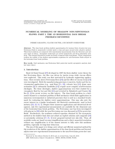 Pdf Numerical Modeling Of Shallow Non Newtonian Flows I The 1d Horizontal Dam Break Problem