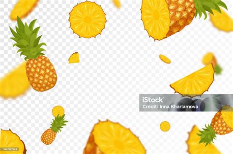 플라잉 파인애플 전체와 얇게 썬 파인애플 과일이 있는 매끄러운 패턴 배경 흐릿한 효과 현실적인 3d 벡터 그림 투명 한 배경에