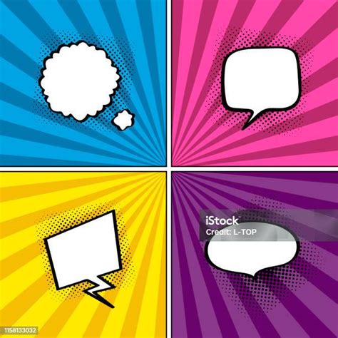 다른 모양의 빈 흰색 연설 거품 다채로운 만화 광선 배경 팝 아트 스타일의 벡터 일러스트레이션 기포에 대한 스톡 벡터 아트 및