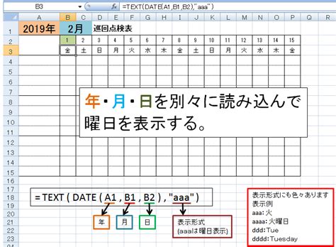 ｴｸｾﾙ使って曜日を自動入力する方法｡dateとtextを使っています｡ スポーツの観戦を楽しむサイト