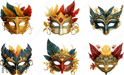 Masquerade Party Masks Festival Feathered Mask Set Isolated Carnival
