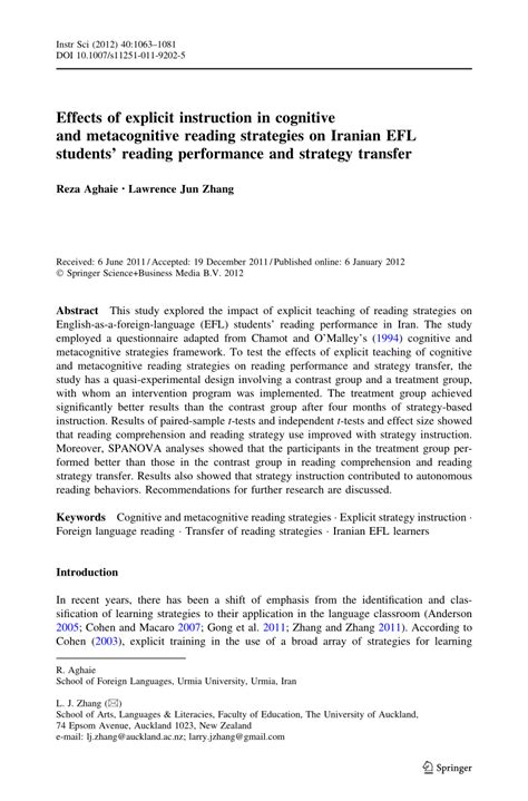 Pdf Effects Of Explicit Instruction In Cognitive And Metacognitive Reading Strategies On