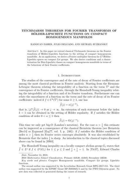 Pdf Titchmarsh Theorems For Fourier Transforms Of Hölder Lipschitz Functions On Compact
