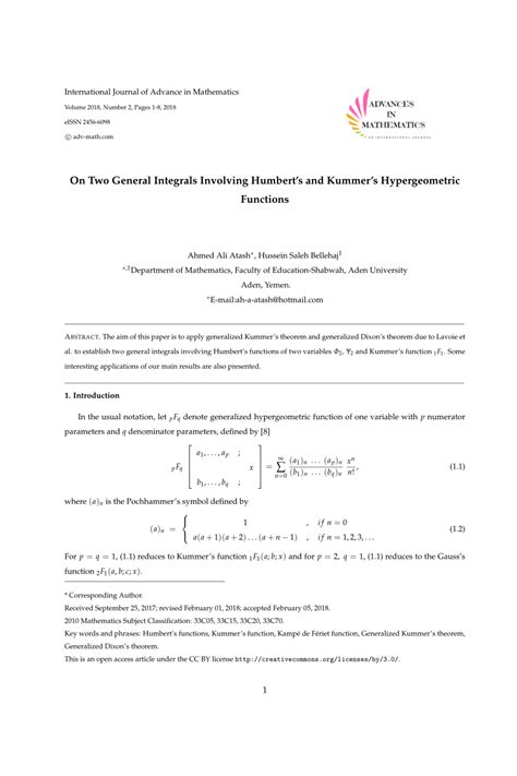 Pdf On Two General Integrals Involving Humberts And Kummers Hypergeometric Functions