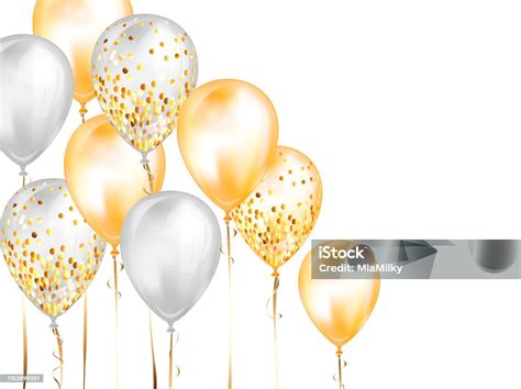 반짝이는 흰색과 노란색 반짝 현실적인 3d 헬륨 풍선 골드 리본과 반짝이 반짝임 생일 파티 브로셔 초대장 카드 또는 베이비 샤워를 위한 완벽 한 장식 고무에 대한 스톡 벡터