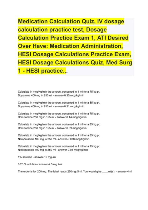 Medication Calculation Quiz Iv Dosage Calculation Practice Test Dosage Calculation Practice