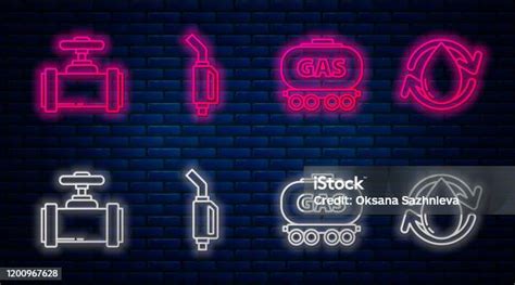 설정 라인 가솔린 펌프 노즐 가스 철도 시스터 산업 금속 파이프 및 밸브 및 오일 드롭 벽돌 벽에 빛나는 네온 아이콘입니다 벡터 0명에 대한 스톡 벡터 아트 및 기타 이미지