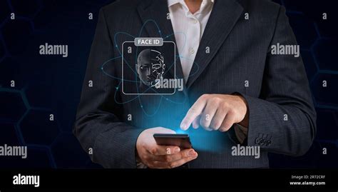 Man Using Mobile Phone With Face Id Scan And Modern Technology Login
