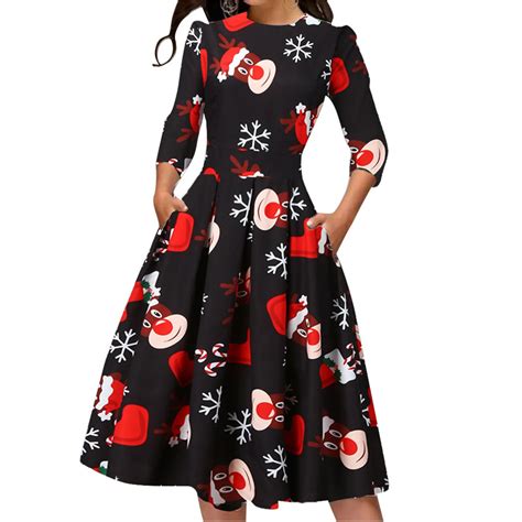 Christmas Dress Women Winter Long Sleeve Santa Claus Print Dress