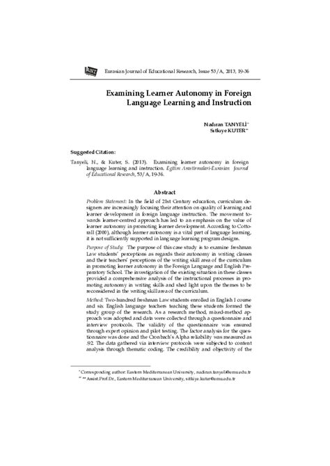 Pdf Examining Learner Autonomy In Foreign Language Learning And Instruction Sitkiye Kuter