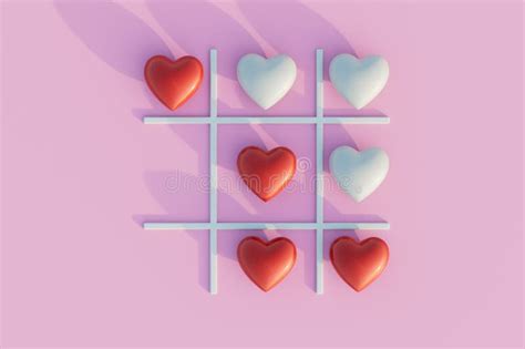 The Concept Of Playing Tic Tac Toe With Red And White Hearts 3d Render Stock Illustration