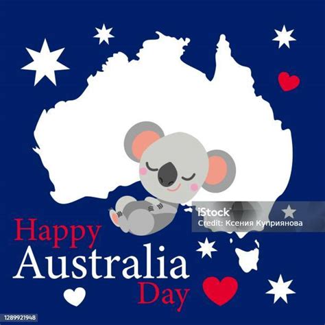 아기 코알라 자고 있습니다 플랫 만화 스타일 재미 있고 귀엽다 호주 국기 지도의 모양입니다 빨간색과 파란색 하트 1월 26일