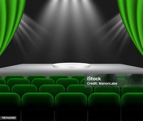 강사 연사 쇼 지도자 회의 책 및 가젯 프리젠 테이션 가수를위한 공연 강당 빛 녹색 의자의 빛나는 조명 프로젝터 광선 벡터 배경입니다 녹색에 대한 스톡 벡터 아트 및 기타