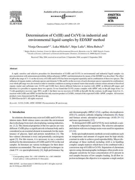 Pdf Determination Of Criii And Crvi In Industrial And Environmental Liquid Samples By