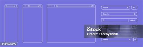 빈 웹 브라우저 도구 모음과 검색 창 필드가 있는 인터넷 페이지 창 플랫 스타일 라인 아트의 현대적인 웹 사이트 컴퓨터 태블릿 및 스마트폰용 브라우저 모형 벡터 그림 0명에