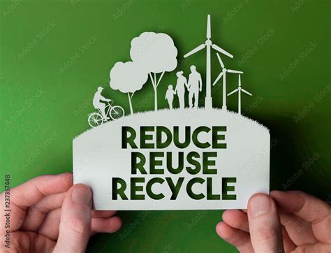 Reduce Reuse Recycle Green Environmental Paper Background With Wind Turbines Trees And People