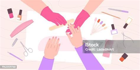 미용실에서 매니큐어 여성의 손 손톱 및 팔 관리 절차 전문 마스터 및 클라이언트 작업 프로세스 및 도구 Racy 벡터 개념 개념에 대한 스톡 벡터 아트 및 기타 이미지