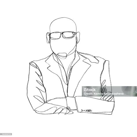 흰색에 성인 대머리 남자의 한 줄 스케치 접힌 팔과 안경을 쓴 허리 높이의 남자의 초상화 패션 일러스트레이션 콜라주 배너 엽서 전단지 진 웹 배경에 사용할 수 있습니다
