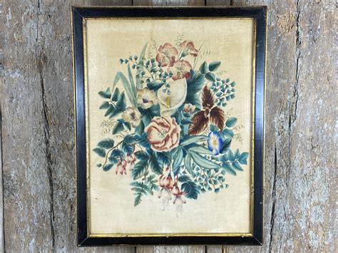 Antique Floral Georgian Theorum Within Its Original Ebonised Frame