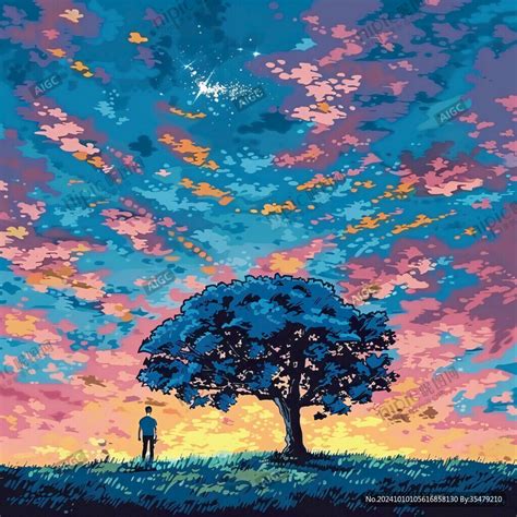 Ai创作图治愈系插画插图 孤独背影插画 插画落日 黄昏场景插画 人与自然插画 人在黄昏树丛 蓝紫色插画画面 插画夕阳 蓝色系插画 噪点风插画