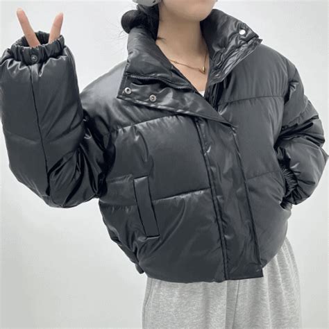 간지힙핏조절 레더 유광 크롭 눕시 패딩 점퍼 겨울자켓 숏패딩 겨울아우터 가죽패딩 에이블리