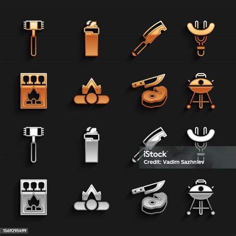 모닥불 포크에 소시지 바베큐 그릴 스테이크 고기와 칼 성냥갑 성냥 고기 다지기 주방 망치 및 라이터 아이콘을 설정합니다 벡터 가연성에 대한 스톡 벡터 아트 및 기타 이미지