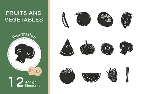 터 평면 과일 및 채소 실루 세트 3 프리미엄 벡터