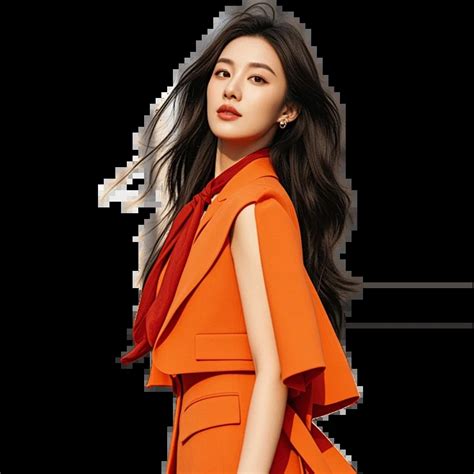穿橙色衣服的高清中国美女 淡妆 站姿 潮流服装 长发 西装 漏出整个徒步 花瓣网