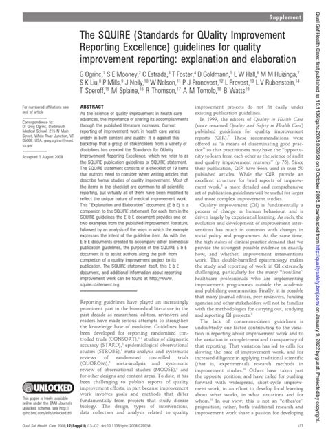 The Squire Standards For Quality Improvement Reporting Excellence