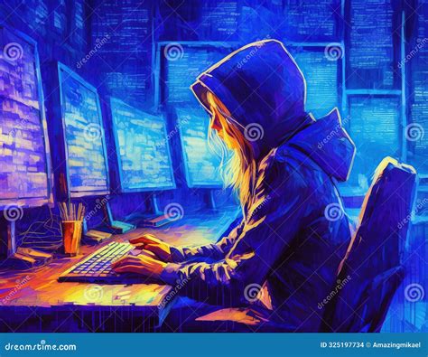 Hacker In Dark Room Illuminated By Multiple Computer Screens Typing On