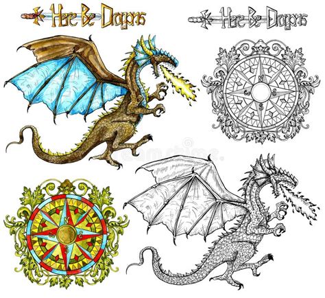 Design Set With Fantasy Dragon Snorting Fire And Baroque Compass