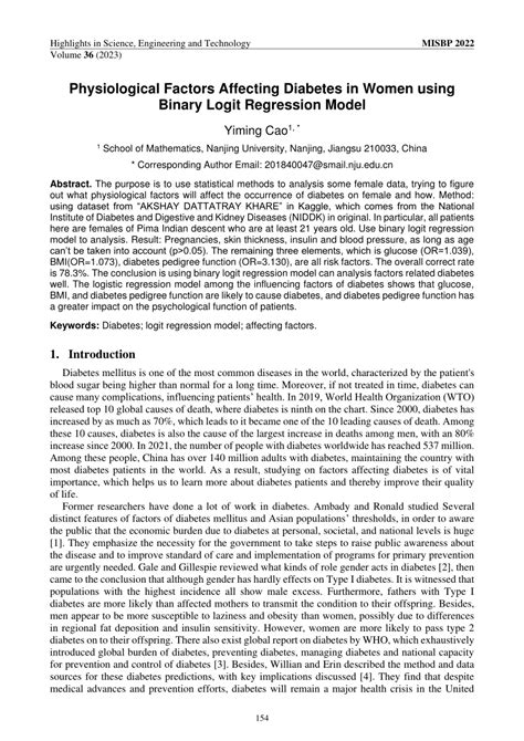 Pdf Physiological Factors Affecting Diabetes In Women Using Binary