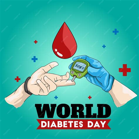 손을 잡고 당뇨병 혈액 검사기 또는 포도당 측정기 평면 세계 당뇨병의 날 인식 포스터 배너 프리미엄 벡터
