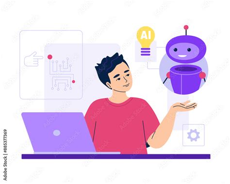 Artificial Intelligence Robot Help Man At Laptop Smart Virtual
