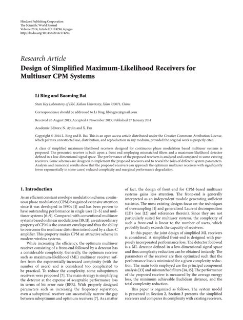 Pdf Design Of Simplified Maximum Likelihood Receivers For Multiuser Cpm Systems